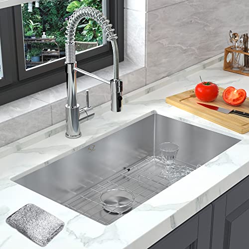 kitchen Sinks 32x18 inch Undermount kitchen sink stainless steel sink 16 Gauge Single Bowl kitchen sinks Set (5 Item Bundle: Sink, Bottom Grid, Drain Assembly, Drain Cap, Kitchen Towel)