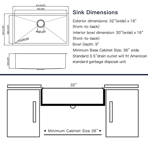 kitchen Sinks 32x18 inch Undermount kitchen sink stainless steel sink 16 Gauge Single Bowl kitchen sinks Set (5 Item Bundle: Sink, Bottom Grid, Drain Assembly, Drain Cap, Kitchen Towel)