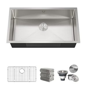 kitchen Sinks 32x18 inch Undermount kitchen sink stainless steel sink 16 Gauge Single Bowl kitchen sinks Set (5 Item Bundle: Sink, Bottom Grid, Drain Assembly, Drain Cap, Kitchen Towel)