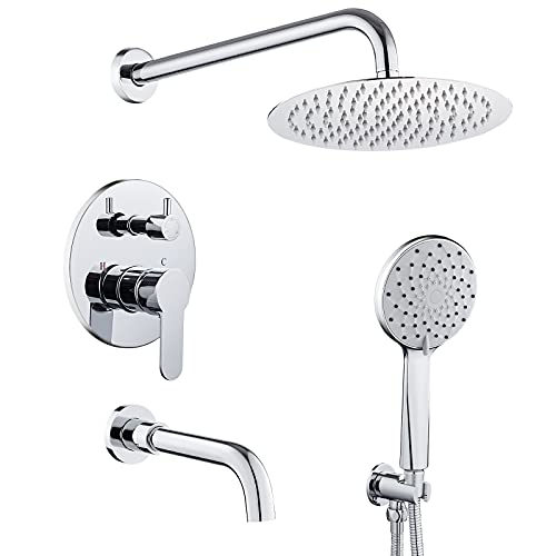 ROVOGO Tub and Shower Faucet Set, Complete Bathtub Shower System with 10-in. Round Rain Shower, 5-Function Handheld and Tub Spout, Chrome (Valve and Trim Kit Included)