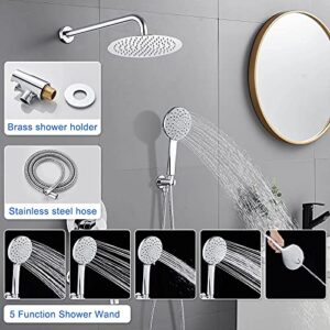 ROVOGO Tub and Shower Faucet Set, Complete Bathtub Shower System with 10-in. Round Rain Shower, 5-Function Handheld and Tub Spout, Chrome (Valve and Trim Kit Included)