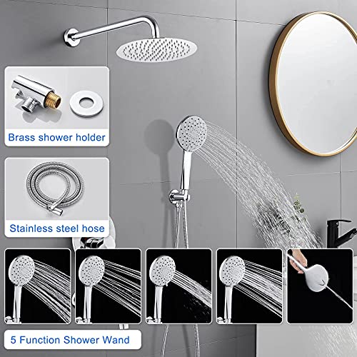 ROVOGO Tub and Shower Faucet Set, Complete Bathtub Shower System with 10-in. Round Rain Shower, 5-Function Handheld and Tub Spout, Chrome (Valve and Trim Kit Included)