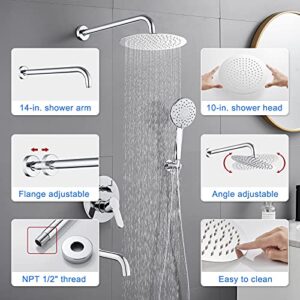 ROVOGO Tub and Shower Faucet Set, Complete Bathtub Shower System with 10-in. Round Rain Shower, 5-Function Handheld and Tub Spout, Chrome (Valve and Trim Kit Included)