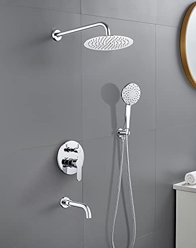 ROVOGO Tub and Shower Faucet Set, Complete Bathtub Shower System with 10-in. Round Rain Shower, 5-Function Handheld and Tub Spout, Chrome (Valve and Trim Kit Included)