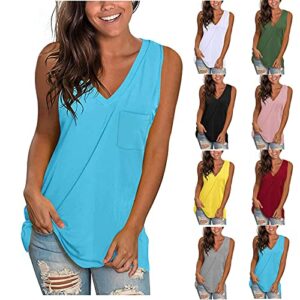 wodceeke Women's Solid Color Tank Tops Sleeveless V-neck T-shirt Summer Casual Loose Basic Vest Top (White, L)