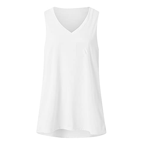 wodceeke Women's Solid Color Tank Tops Sleeveless V-neck T-shirt Summer Casual Loose Basic Vest Top (White, L)