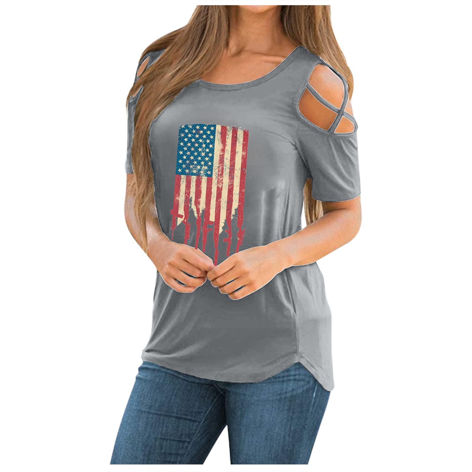 Women's Off-Shoulder Short-Sleeved T-Shirt American Flag Print Round Neck Basic Tee Casual Loose Independence Day Tops (Gray, L)