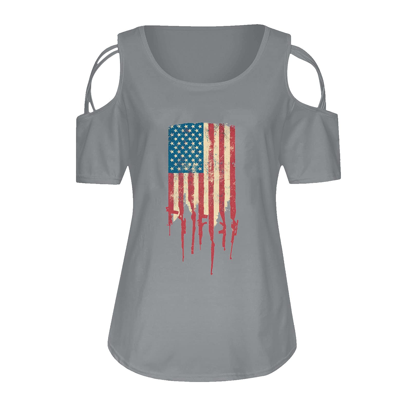 Women's Off-Shoulder Short-Sleeved T-Shirt American Flag Print Round Neck Basic Tee Casual Loose Independence Day Tops (Gray, L)