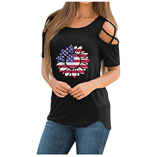 Womens Off-Shoulder Short-Sleeved T-Shirt American Flag Print Round Neck Basic Tee Loose Independence Day Top (Black, XXL)