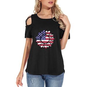 Womens Off-Shoulder Short-Sleeved T-Shirt American Flag Print Round Neck Basic Tee Loose Independence Day Top (Black, XXL)