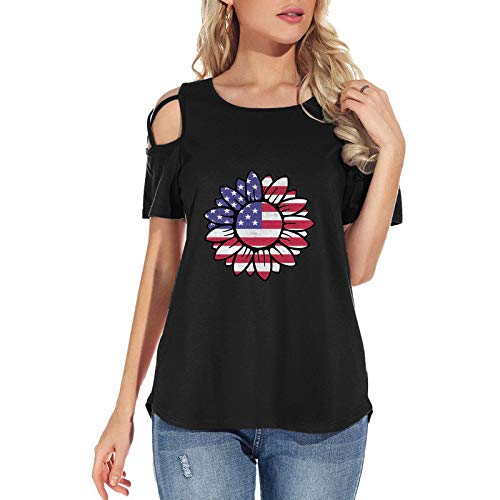 Womens Off-Shoulder Short-Sleeved T-Shirt American Flag Print Round Neck Basic Tee Loose Independence Day Top (Black, XXL)