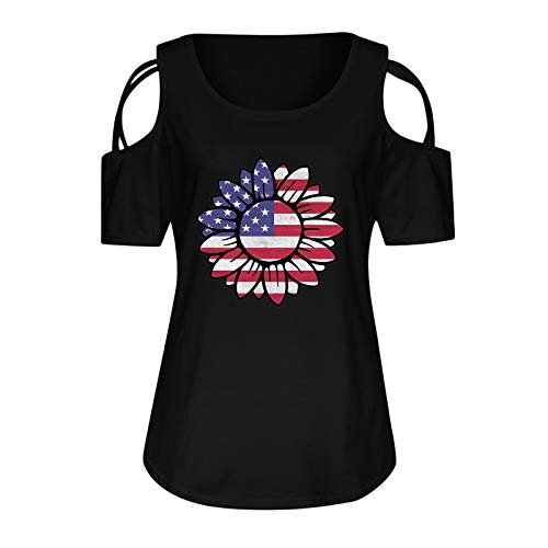 Womens Off-Shoulder Short-Sleeved T-Shirt American Flag Print Round Neck Basic Tee Loose Independence Day Top (Black, XXL)