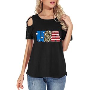 Womens Off-Shoulder Short-Sleeved T-Shirt American Flag Print Round Neck Basic Tee Casual Loose Independence Day Top (Black, S)