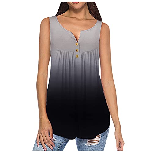 Women's Gradient Color Tank Tops Sleeveless V-neck Button T-shirt Summer Casual Loose Basic Vest Tops (Gray, L)