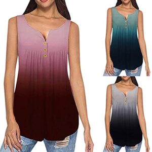 Women's Gradient Color Tank Tops Sleeveless V-neck Button T-shirt Summer Casual Loose Basic Vest Tops (Gray, L)