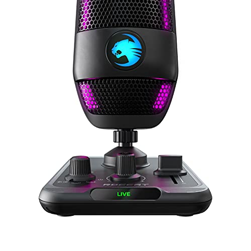 ROCCAT Torch USB Microphone, Studio-Grade Audio, PC Computer Gaming Wired Mic, RGB AIMO Lighting with Indicator, For Streaming, Recording, Podcasting, Quick Mute, Boom Arm Compatible, Black