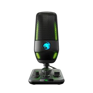 roccat torch usb microphone, studio-grade audio, pc computer gaming wired mic, rgb aimo lighting with indicator, for streaming, recording, podcasting, quick mute, boom arm compatible, black