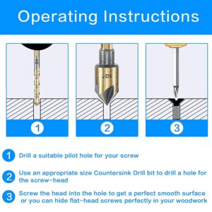 5-Piece HSS Countersink Drill Bit Set for Wood and Metal - 82 Degree 5 Flute High Speed Steel with 6mm Hex Shank - Sizes 1/4'' to 3/4'' - Includes Bit Case