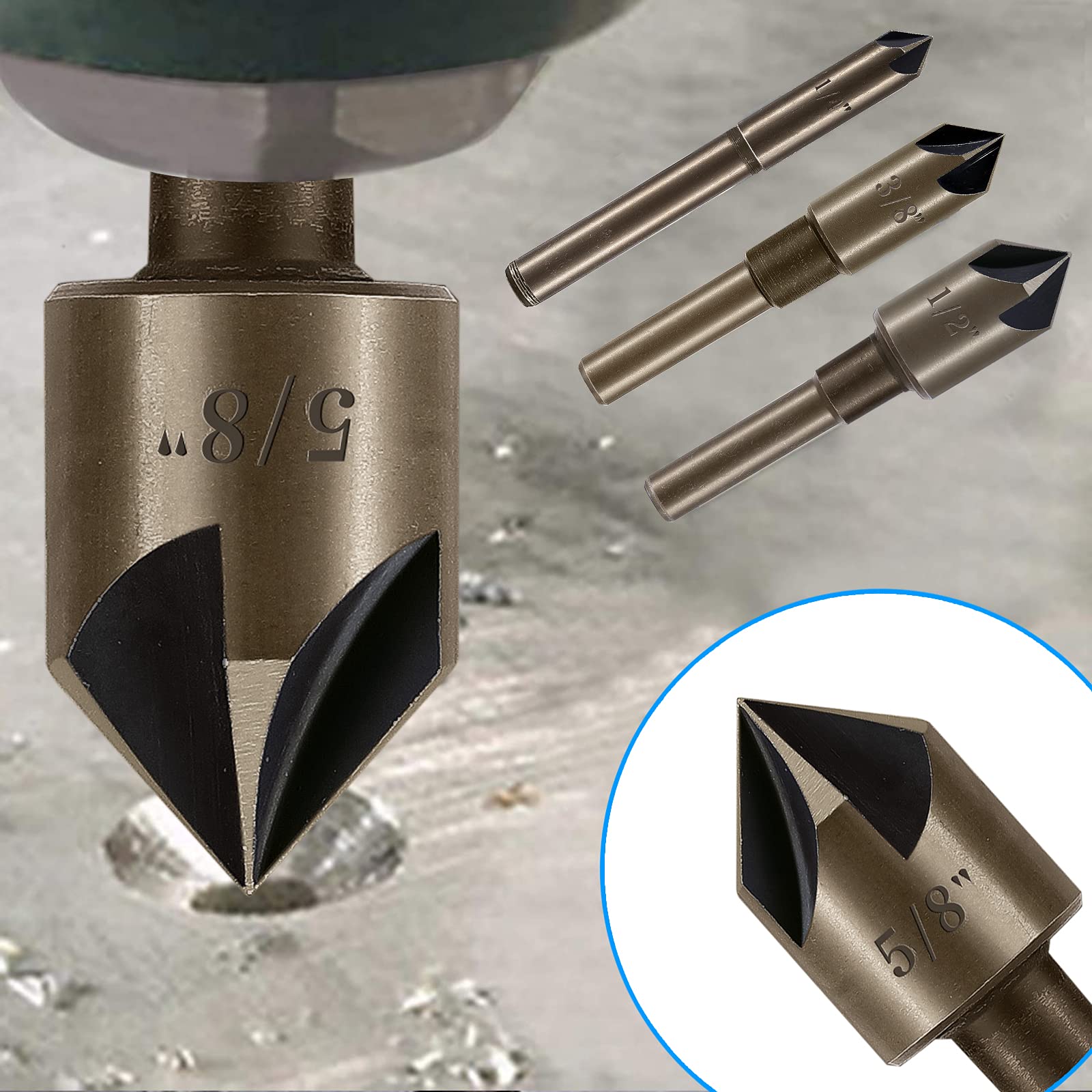 5-Piece HSS Countersink Drill Bit Set for Wood and Metal - 82 Degree 5 Flute High Speed Steel with 6mm Hex Shank - Sizes 1/4'' to 3/4'' - Includes Bit Case