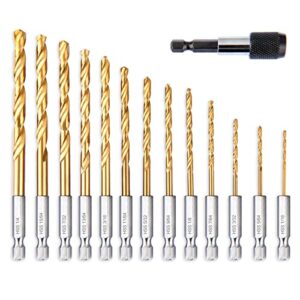 sattdmaic hex shank drill bit set, 13+1pcs hss impact drill bit set with titanium finish, 1/16”-1/4” for wood, plastic, aluminum alloy, metal, impact driver drill with quick change adaptor