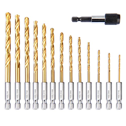 SATTDMAIC Hex Shank Drill Bit Set, 13+1pcs HSS Impact Drill Bit Set with Titanium Finish, 1/16”-1/4” for Wood, Plastic, Aluminum Alloy, Metal, Impact Driver Drill with Quick Change Adaptor