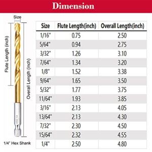 SATTDMAIC Hex Shank Drill Bit Set, 13+1pcs HSS Impact Drill Bit Set with Titanium Finish, 1/16”-1/4” for Wood, Plastic, Aluminum Alloy, Metal, Impact Driver Drill with Quick Change Adaptor