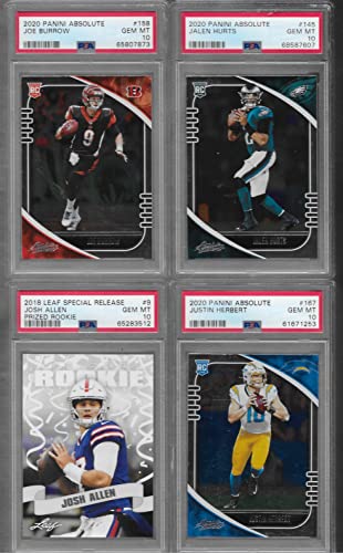 PSA 10 JOSH ALLEN JALEN HURTS JOE BURROW JUSTIN HERBERT 4 CARD ROOKIE LOT LEAF & PANINI GRADED PSA 10 NFL YOUNG SUPERSTAR QUARTERBACKS