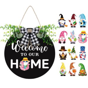 gnome wooden seasonal welcome door sign interchangeable welcome to our home round wood hanging front door sign with burlap bow with 12 seasonal ornament for independence day holiday porch (black)