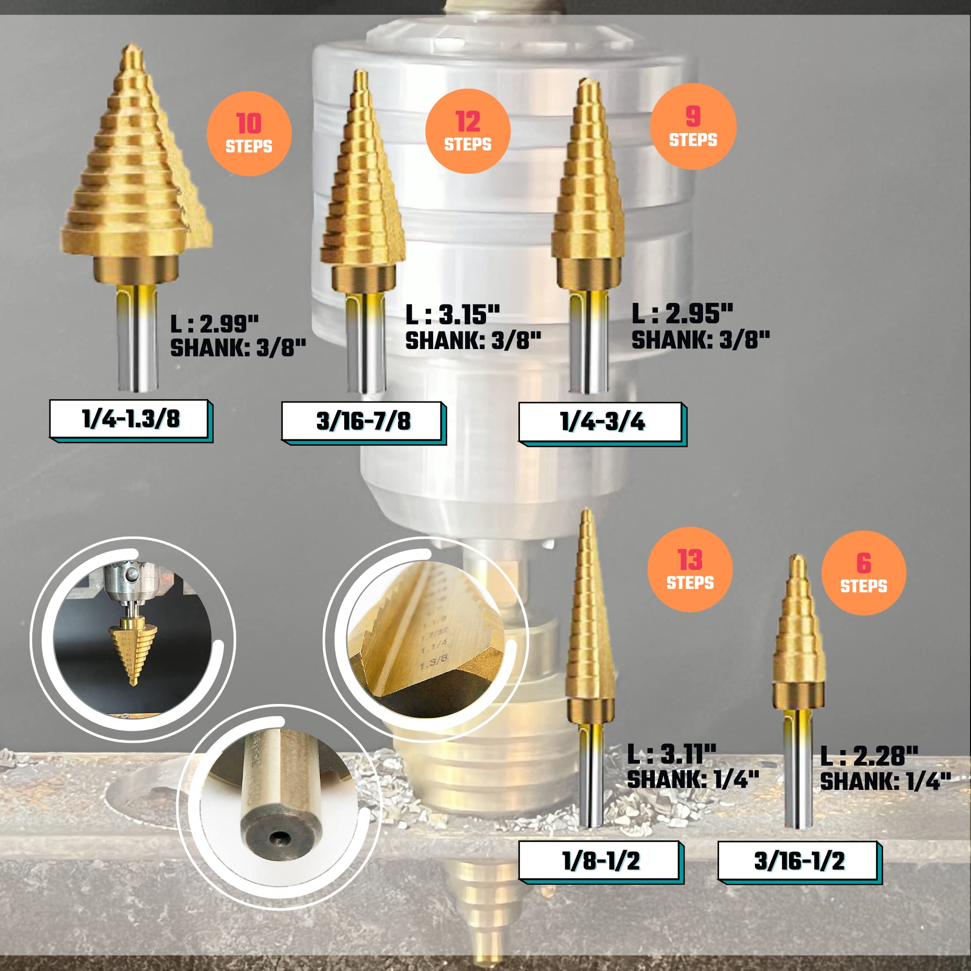 Step Drill Bit Set, Step Bit for Metal 6PCS, Titanium High Speed Steel 50 Sizes (1/8''-1 3/8'') with Automatic Center Punch and Aluminum Case, Multiple Hole Stepped Up Bits for DIY Lovers