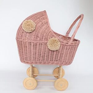 CACKOO Handmade Wicker Pram For Dolls With Cotton Bedding Sheets And Handmade Pom-Poms Ideal As Birthday Gift Natural Pink