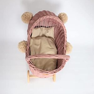 CACKOO Handmade Wicker Pram For Dolls With Cotton Bedding Sheets And Handmade Pom-Poms Ideal As Birthday Gift Natural Pink