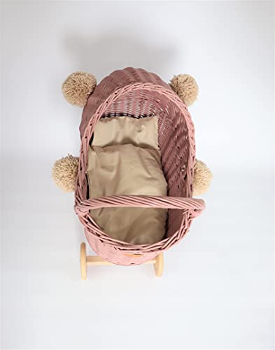 CACKOO Handmade Wicker Pram For Dolls With Cotton Bedding Sheets And Handmade Pom-Poms Ideal As Birthday Gift Natural Pink