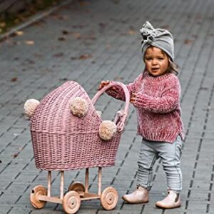 CACKOO Handmade Wicker Pram For Dolls With Cotton Bedding Sheets And Handmade Pom-Poms Ideal As Birthday Gift Natural Pink