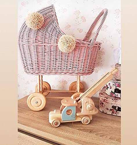 CACKOO Handmade Wicker Pram For Dolls With Cotton Bedding Sheets And Handmade Pom-Poms Ideal As Birthday Gift Natural Pink