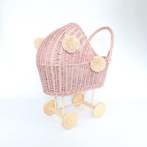 CACKOO Handmade Wicker Pram For Dolls With Cotton Bedding Sheets And Handmade Pom-Poms Ideal As Birthday Gift Natural Pink