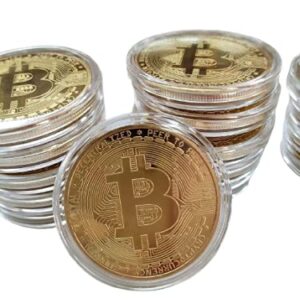 10 Pcs Bitcoin Coin Souvenir with Coin Case, Physical Bitcoin Collection, Gold Plated Bitcoin for Commemoration, Crypto Currency Coin BTC for Gift, Gold Bitcoin Tokens