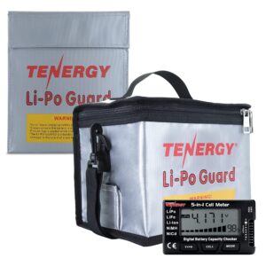 Tenergy 5-in-1 Intelligent Digital Cell Meter Battery Checker and Fire Retardant Lipo Bags for Charging and Storage