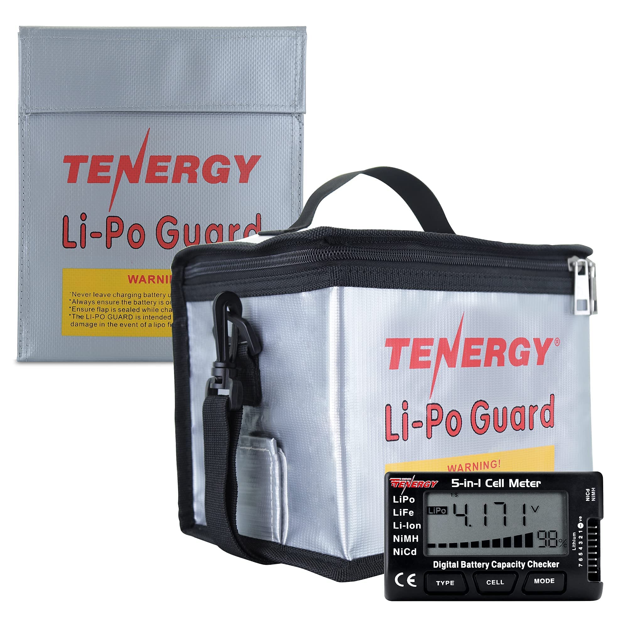 Tenergy 5-in-1 Intelligent Digital Cell Meter Battery Checker and Fire Retardant Lipo Bags for Charging and Storage