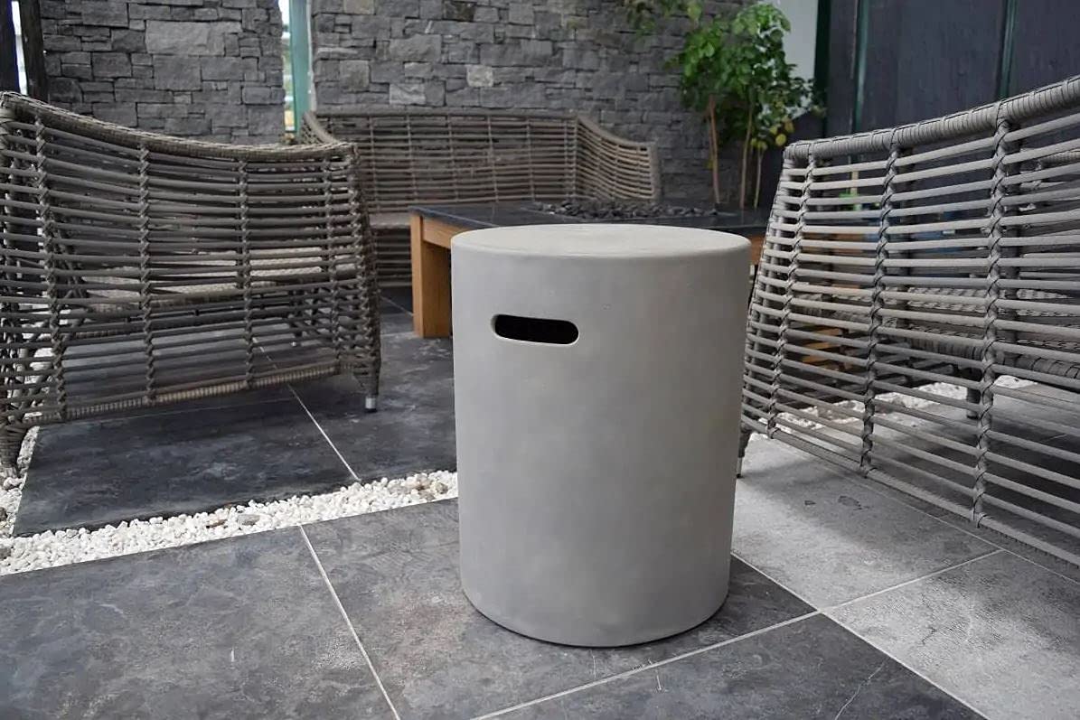 AMS Fireplace | Elementi Lunar Concrete Propane Tank Cover (Cylinder Smooth - Light Gray) | GFRC, Light Gray Color, Round Shape, Size - 15.7 x 15.7 x 20 inches | Suited for Lunar Light grey fire pit.