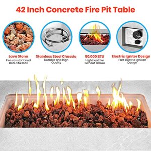 Concrete Outdoor Propane Fire Pit Table - CSA/ETL Certified Safe 50,000BTU Pulse Ignition Weatherproof Square Propane Gas Fire Table - Adjustable Flame, Thermocouple - PVC Cover, Lava Rock- SLFPCN56