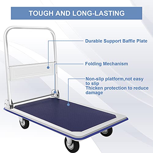 GPOAS Push Cart Dolly 660LBS Folding Platform Hand Truck with 360 Degree Swivel Wheels and Handle, Heavy Duty Foldable Flatbed Large Moving Cart for Easy Storage Luggage Moving,Blue