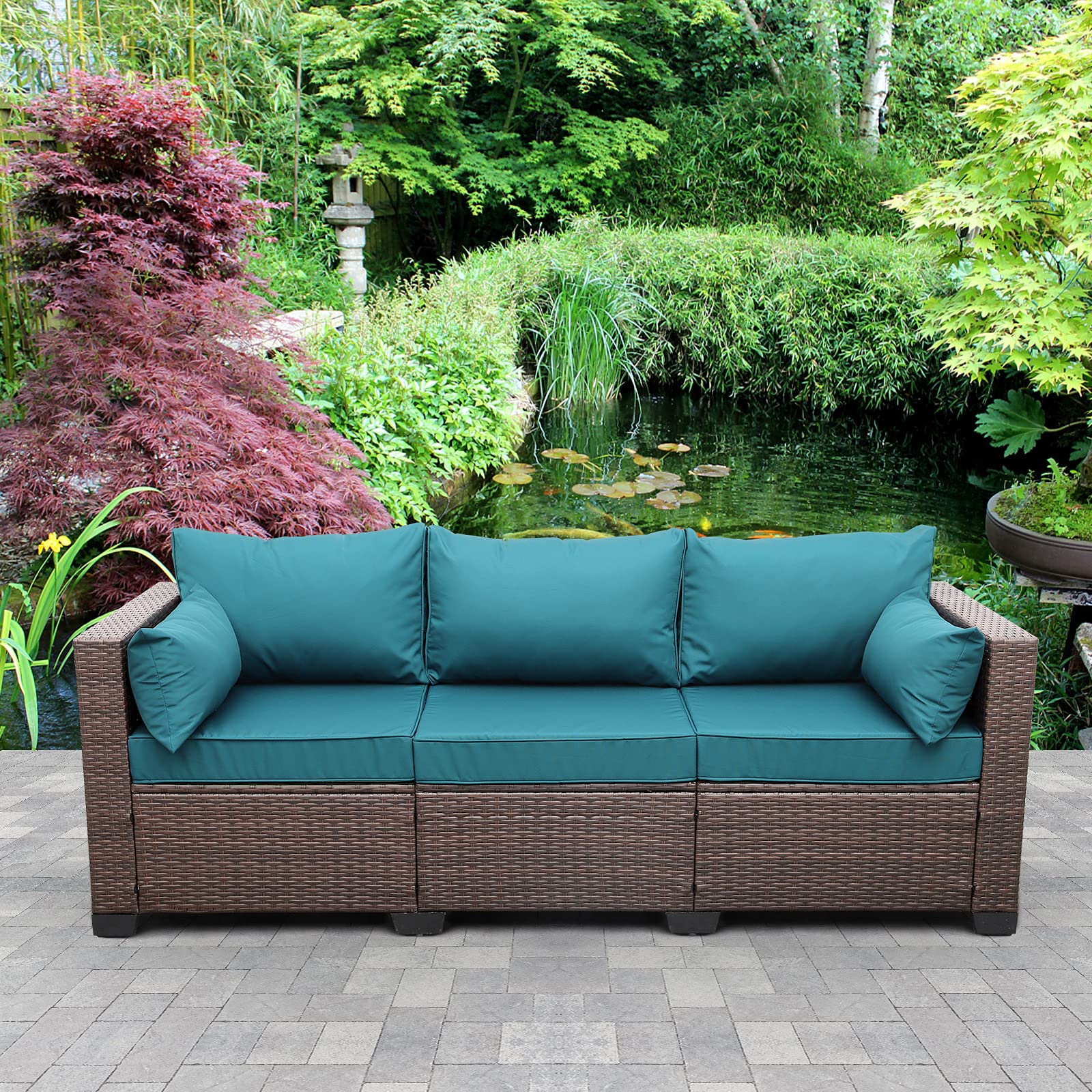 Valita 3-Seat Patio PE Wicker Couch Furniture Outdoor Brown Rattan Sofa with Washable Peacock Blue Cushions