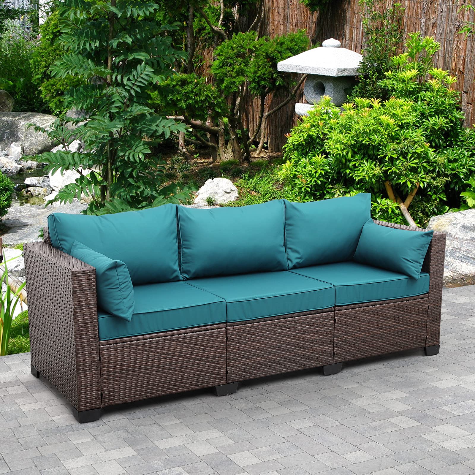 Valita 3-Seat Patio PE Wicker Couch Furniture Outdoor Brown Rattan Sofa with Washable Peacock Blue Cushions