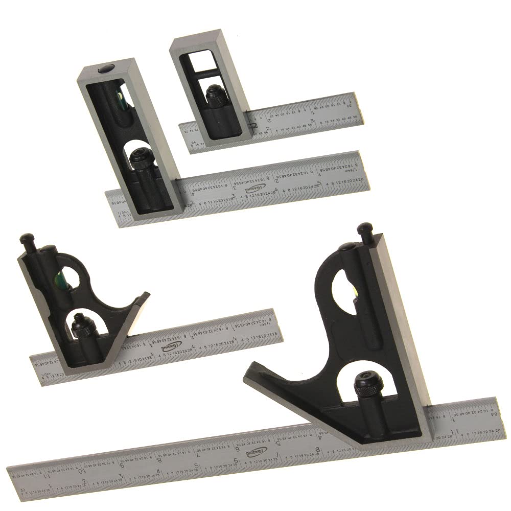 iGaging 4" & 6" Double Square and 6" & 12" Combination Square Set 4R Steel Blade High Precision Woodworking