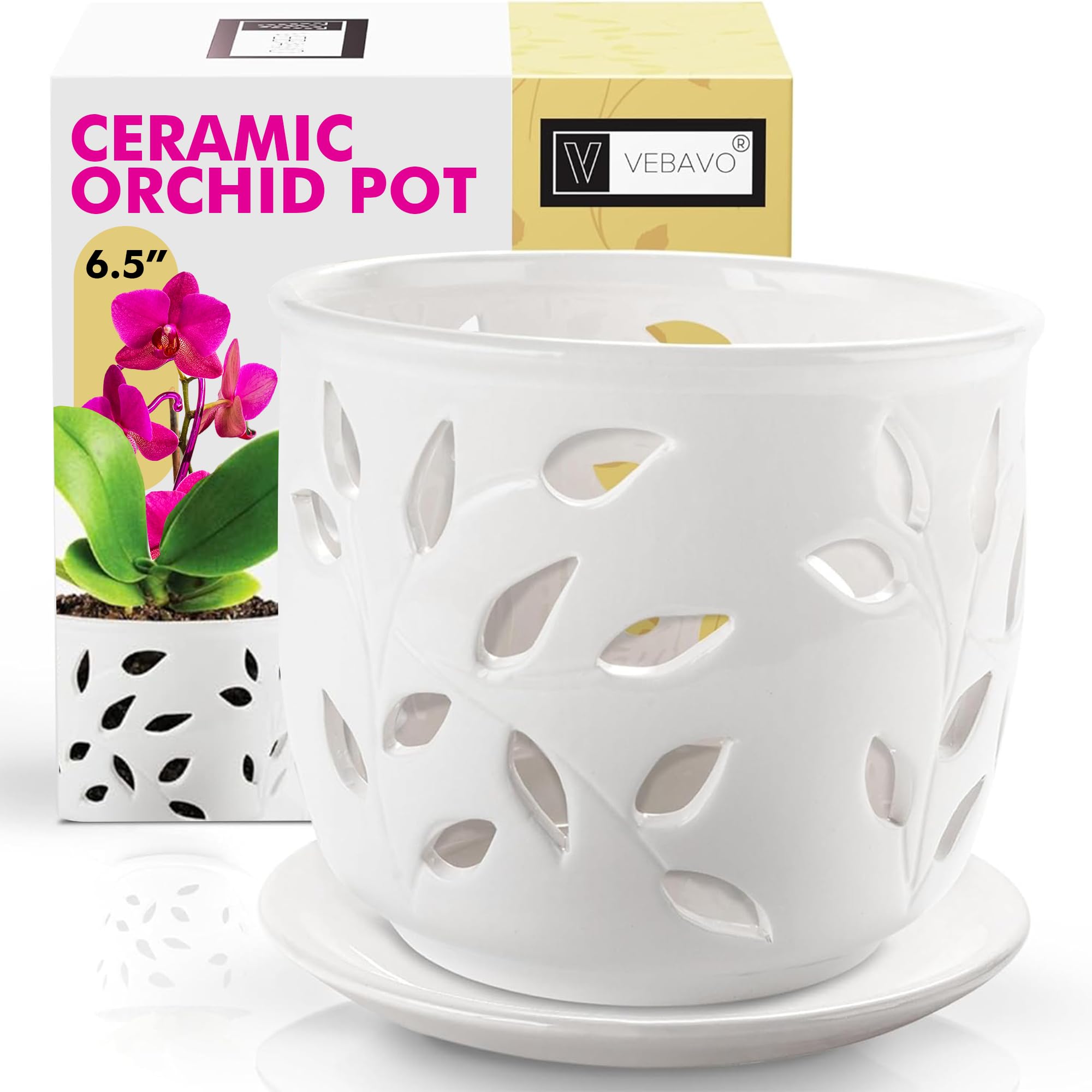 VEBAVO Large Ceramic Orchid Pot with Holes & Saucer 6.5 in. Indoor or Outdoor Pot for Orchid Care & Root Health with Precise Aeration & Drainage – Durable for Repotting or New Plants