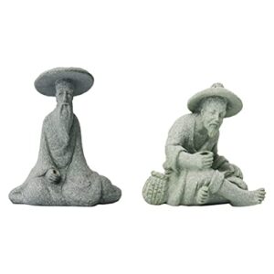 cabilock 2pcs mini fisherman figurines sandstone chinese mudman sitting fishing garden statue ornament for fish tank micro landscape bonsai fairy garden decorations