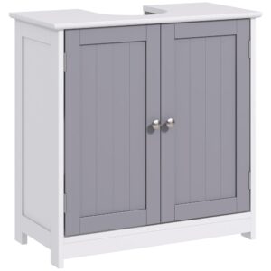 kleankin pedestal sink storage cabinet, vanity base cabinet, under sink bathroom cabinet with u-shape cut-out and adjustable internal shelf, white and gray