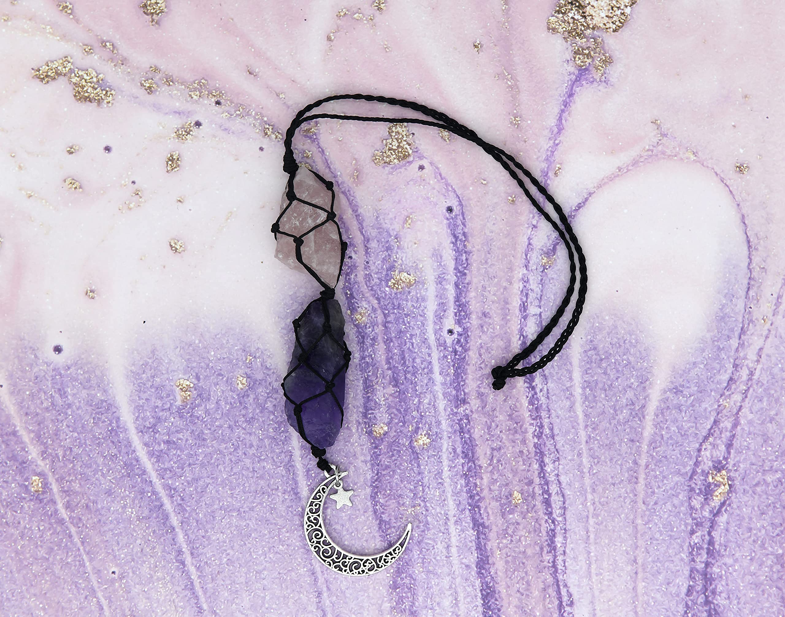 BOHO GARDEN Hanging Car Charm - Rose Quartz, Amethyst - Dangling Moon, Healing Crystal Accessories, Rearview Mirror Decorations - Love, Connection, Self-Worth, Balance, Intuition, Spirituality, Energy