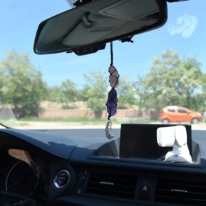 BOHO GARDEN Hanging Car Charm - Rose Quartz, Amethyst - Dangling Moon, Healing Crystal Accessories, Rearview Mirror Decorations - Love, Connection, Self-Worth, Balance, Intuition, Spirituality, Energy