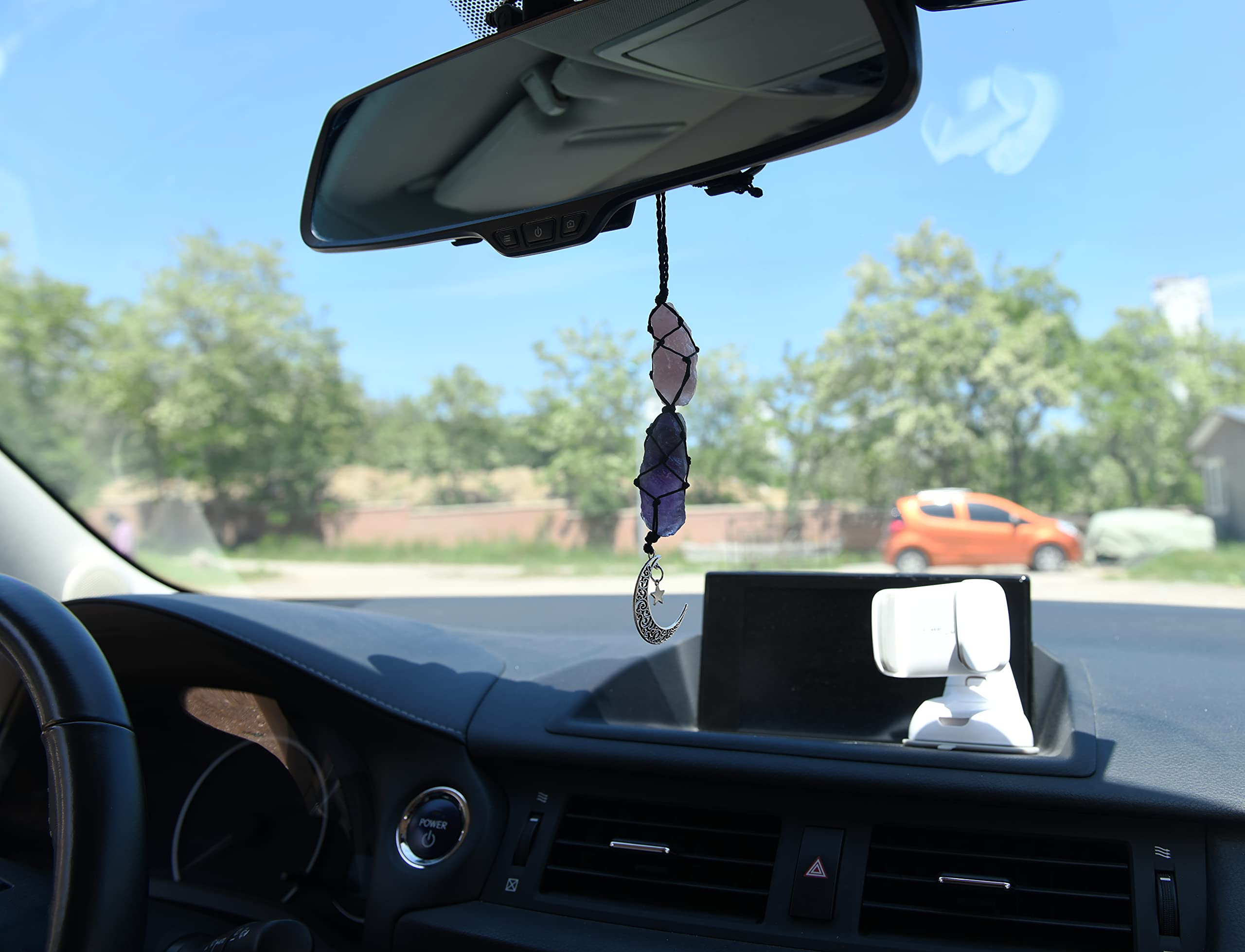 BOHO GARDEN Hanging Car Charm - Rose Quartz, Amethyst - Dangling Moon, Healing Crystal Accessories, Rearview Mirror Decorations - Love, Connection, Self-Worth, Balance, Intuition, Spirituality, Energy